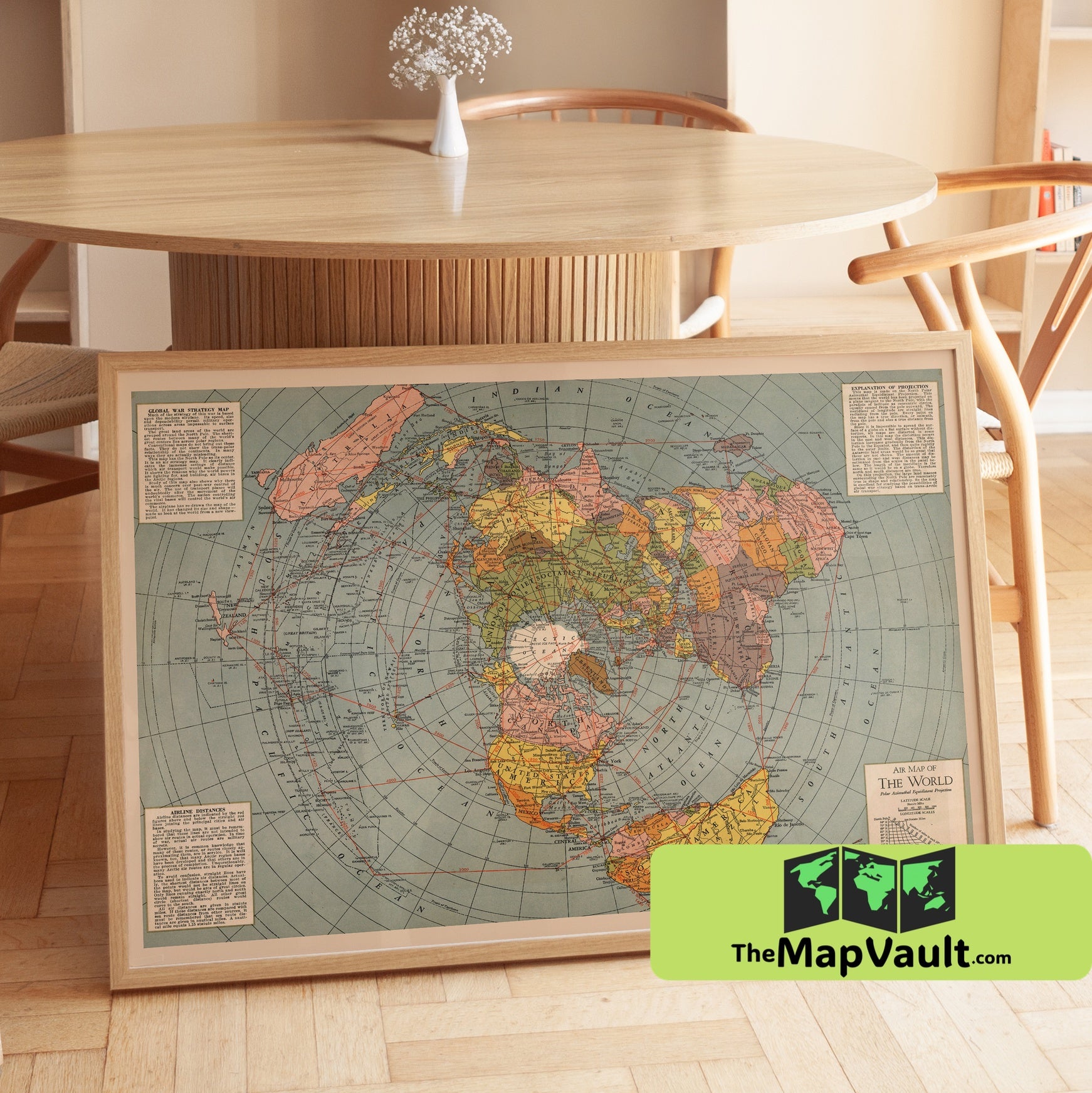 World War II Flight Path Map Print - 1943 Polar Azimuthal Projection o ...